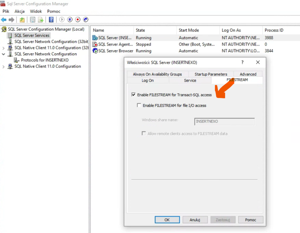 Włączanie filestream w MS SQL - AR-WAL